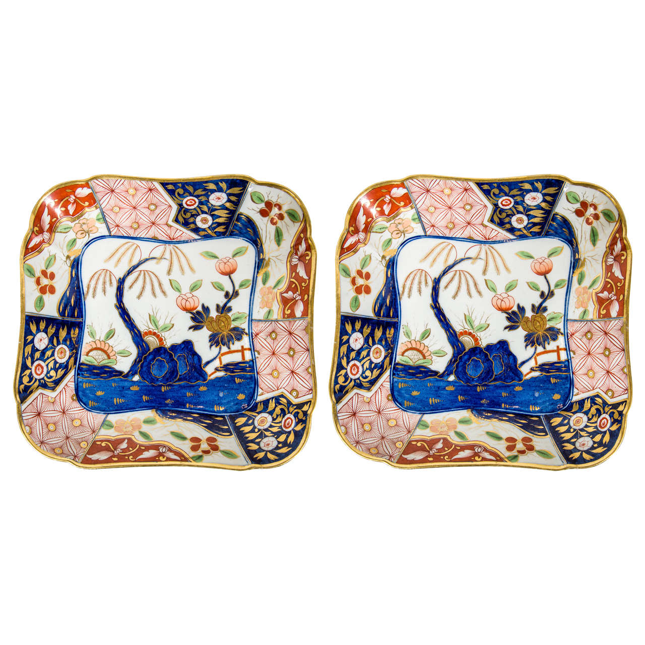 Pair of Imari Inspired Rock and Tree Pattern Square Dishes at 1stDibs