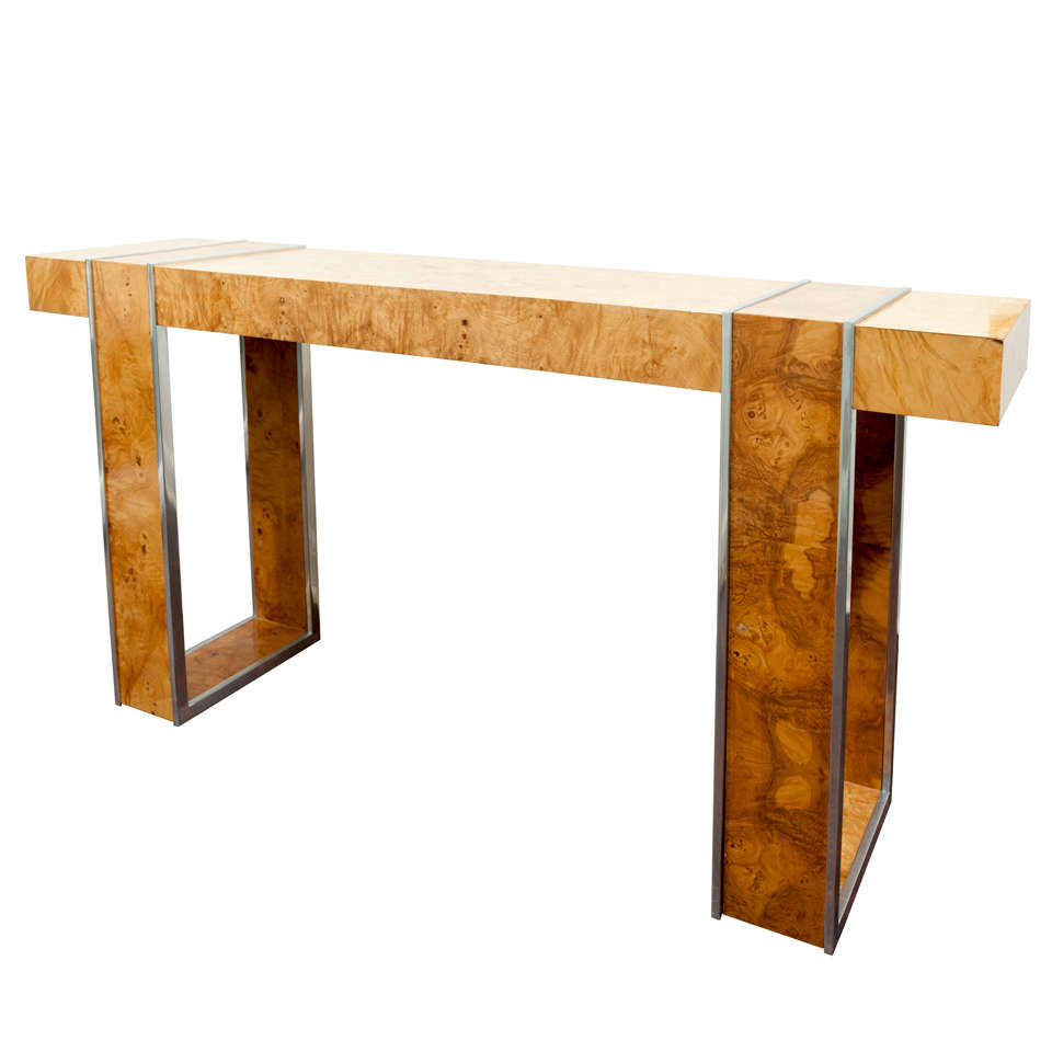 Burled Wood Console in the Style of Milo Baughman at 1stDibs