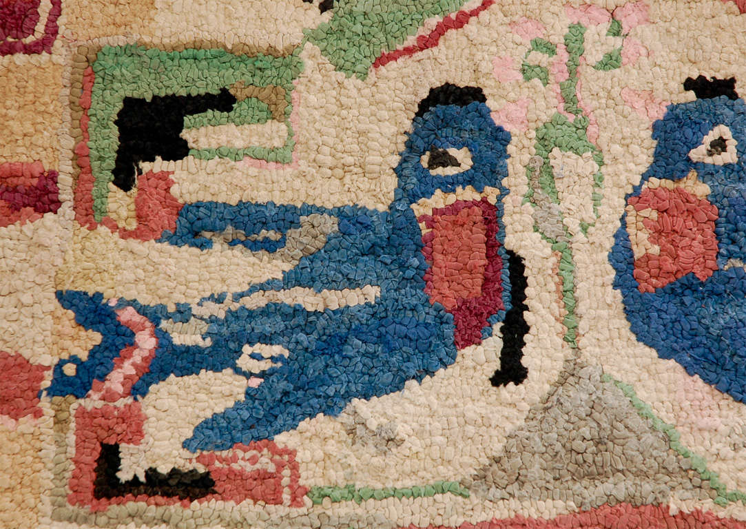 Folky Hand-Hooked Mounted Blue Birds Rug from Pennsylvania For Sale at ...