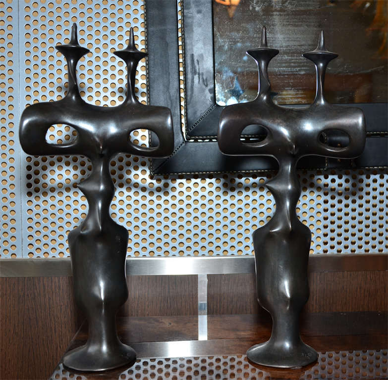 Pair of Candle Sticks in Patinated Bronze by Victor Roman For Sale at ...