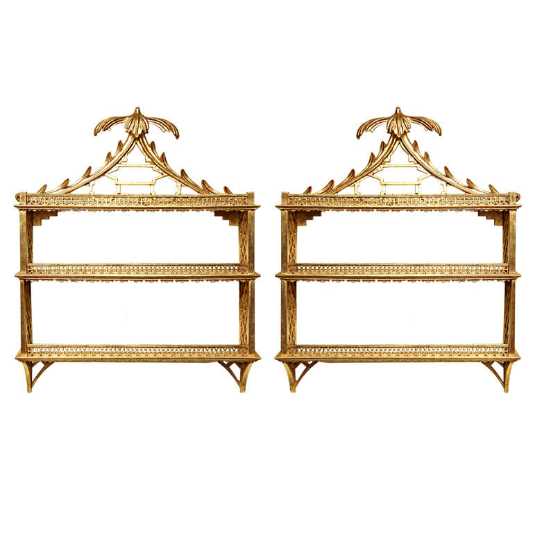 Chinese Chippendale style gilt hanging shelves. 20th century at 1stDibs