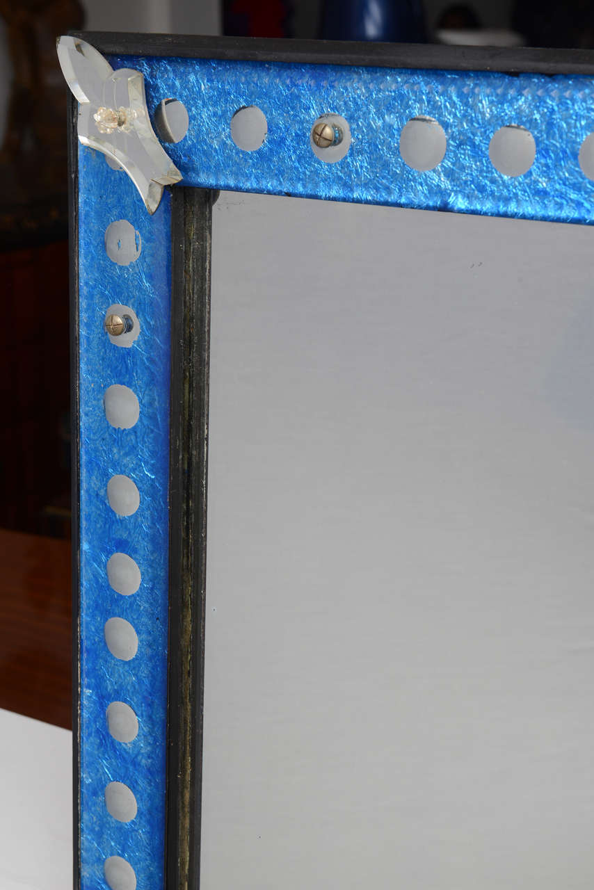Blue Glass Frame Midcentury Mirror with Silver Dots All Around at ...