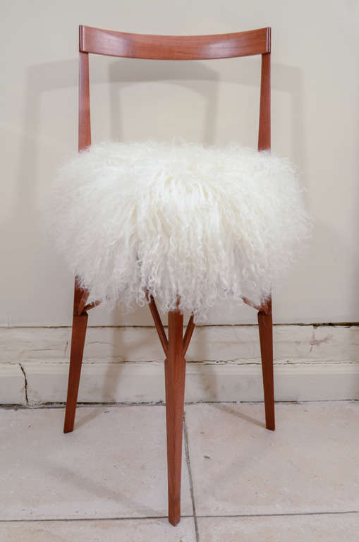 Pair of wood tri-leg triangular side chairs with upholstered seats at ...