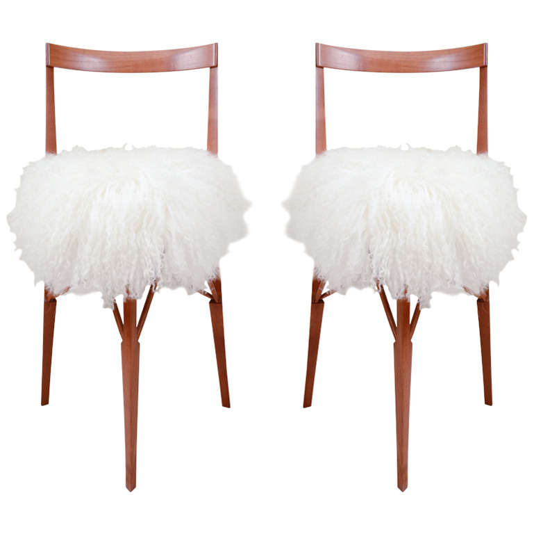 Pair of wood tri-leg triangular side chairs with upholstered seats at ...