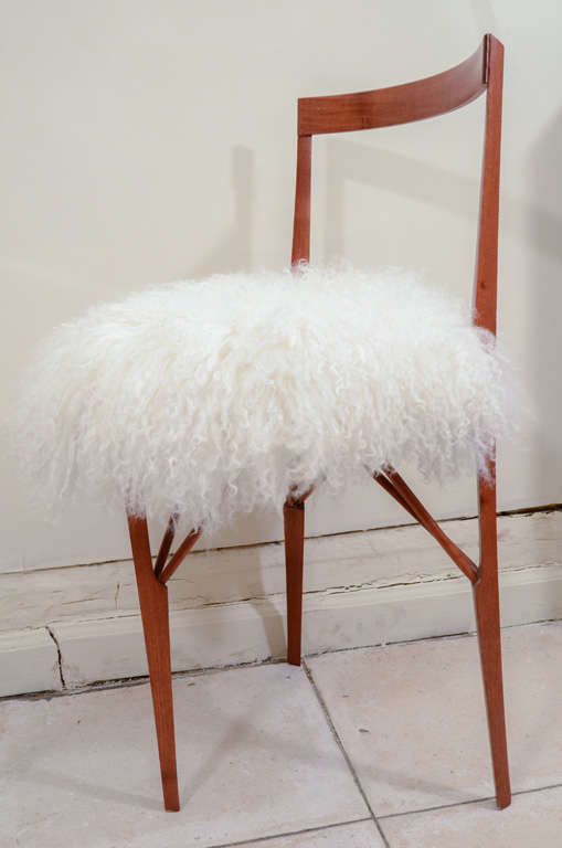 Pair of wood tri-leg triangular side chairs with upholstered seats at ...