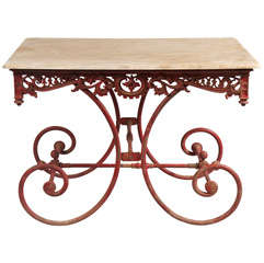 Marble Top Table with Red Iron Base at 1stDibs