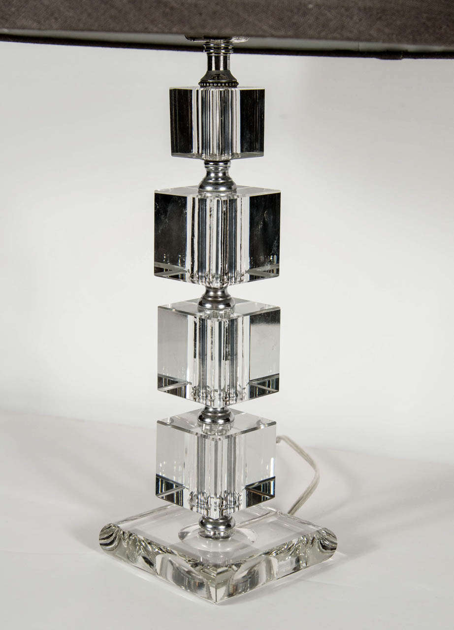 Pair of Elegant Art Deco Cut Crystal Stacked Cube Lamps at 1stDibs