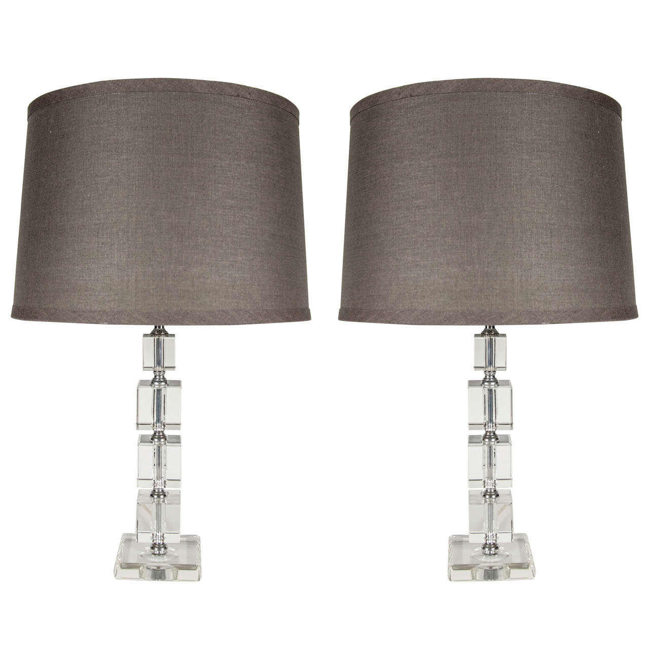 Pair of Elegant Art Deco Cut Crystal Stacked Cube Lamps at 1stDibs