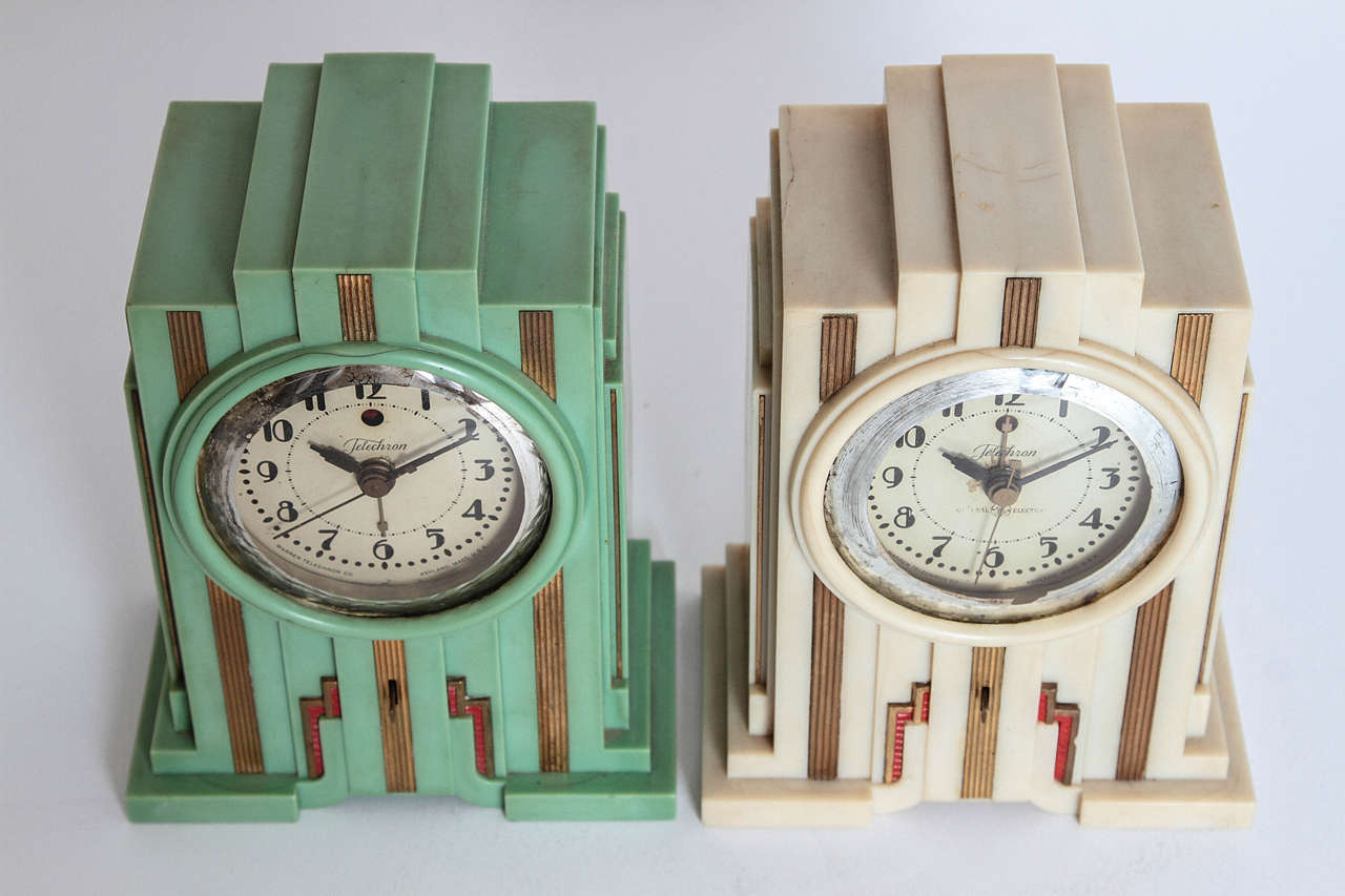 Telechron Skyscraper Art Deco Plaskon Pair Clocks in Manner of Paul ...
