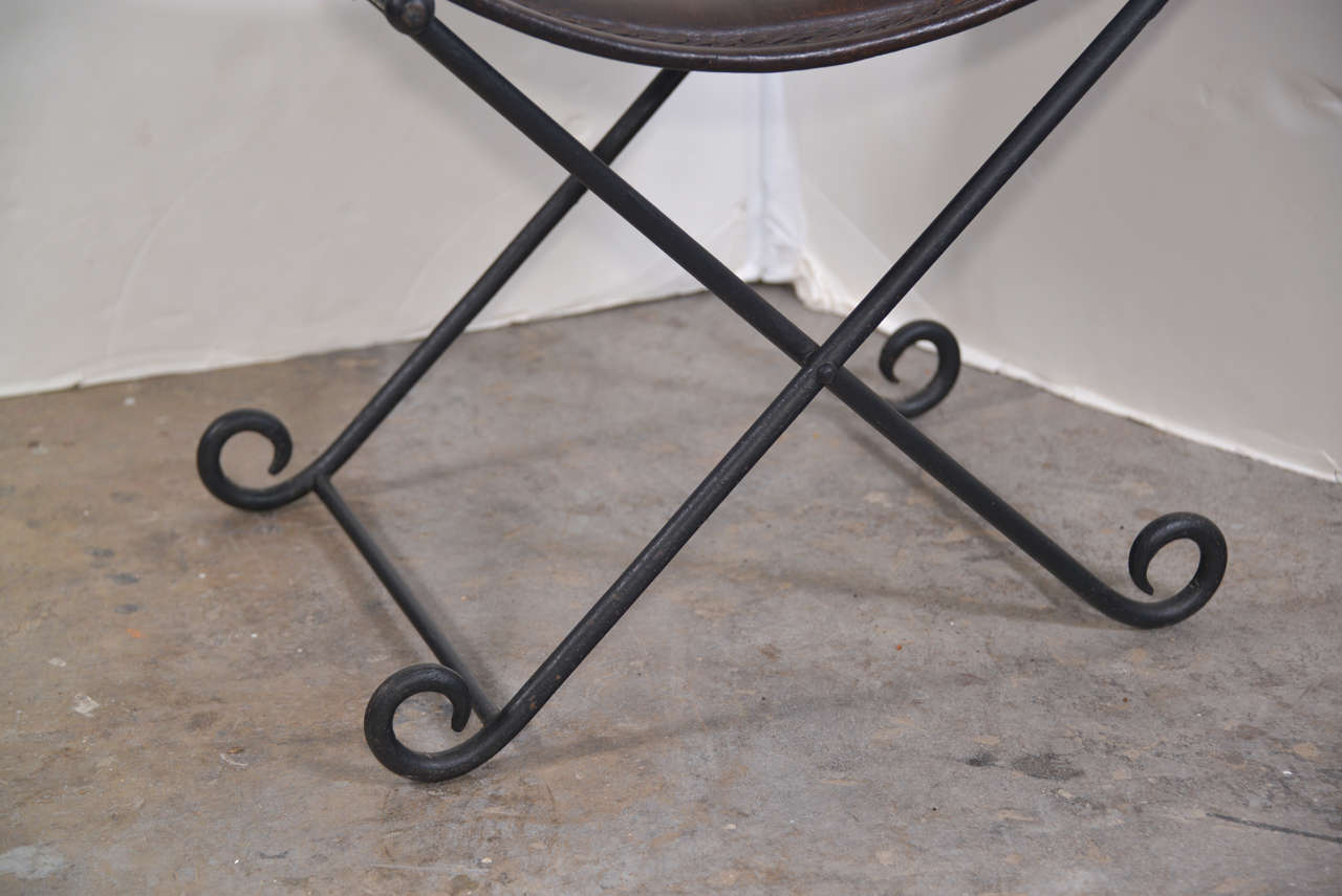 20th c. French hand forged, folding, iron bench with leather seat at ...