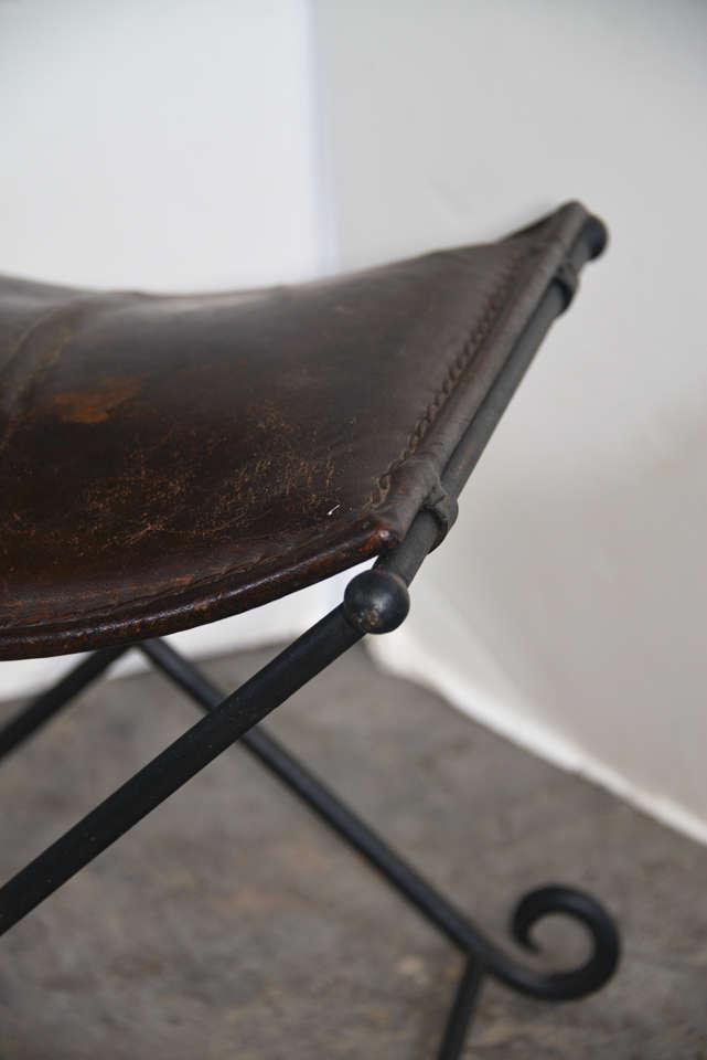 20th c. French hand forged, folding, iron bench with leather seat at ...