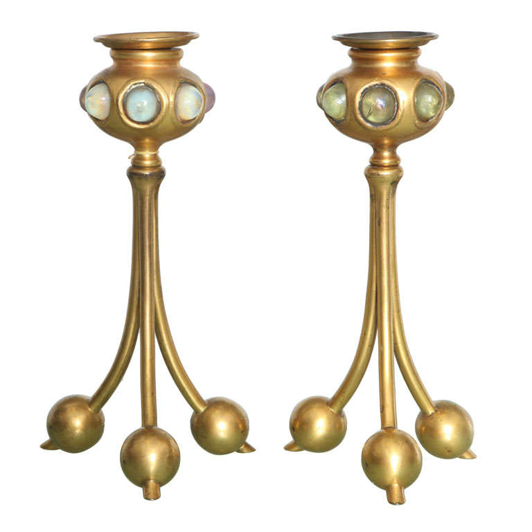 Art Nouveau Tiffany Studios Three Ball Feet Candlesticks at 1stDibs
