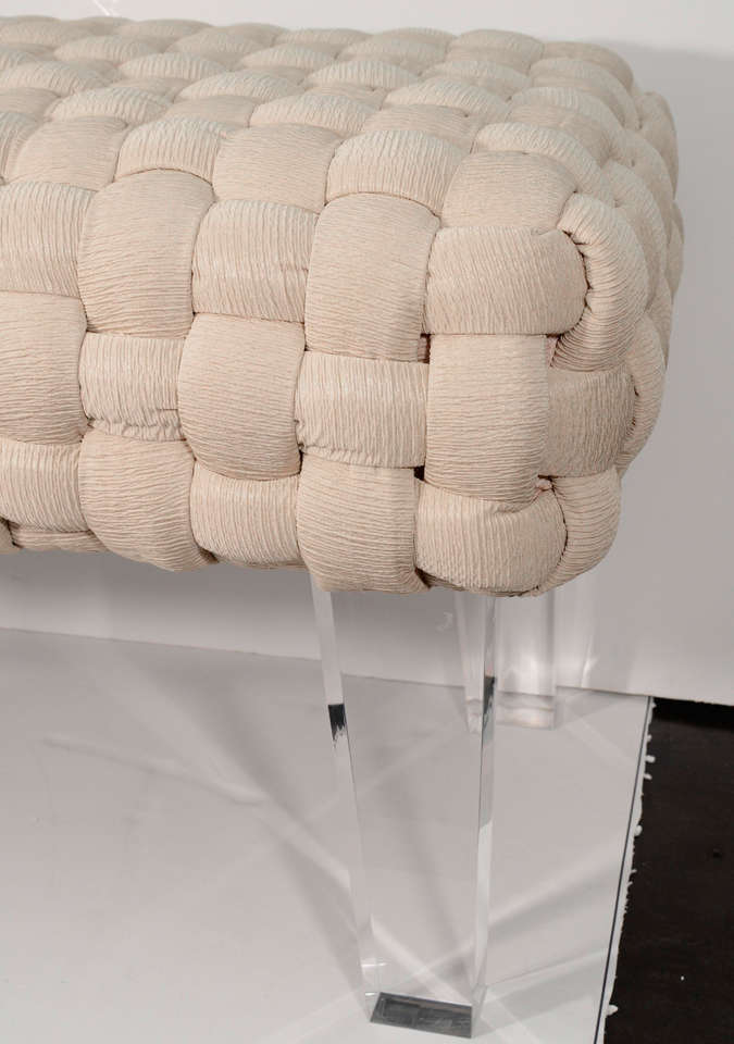 USA Basket Weave Bench with Lucite Legs For Sale at 1stDibs