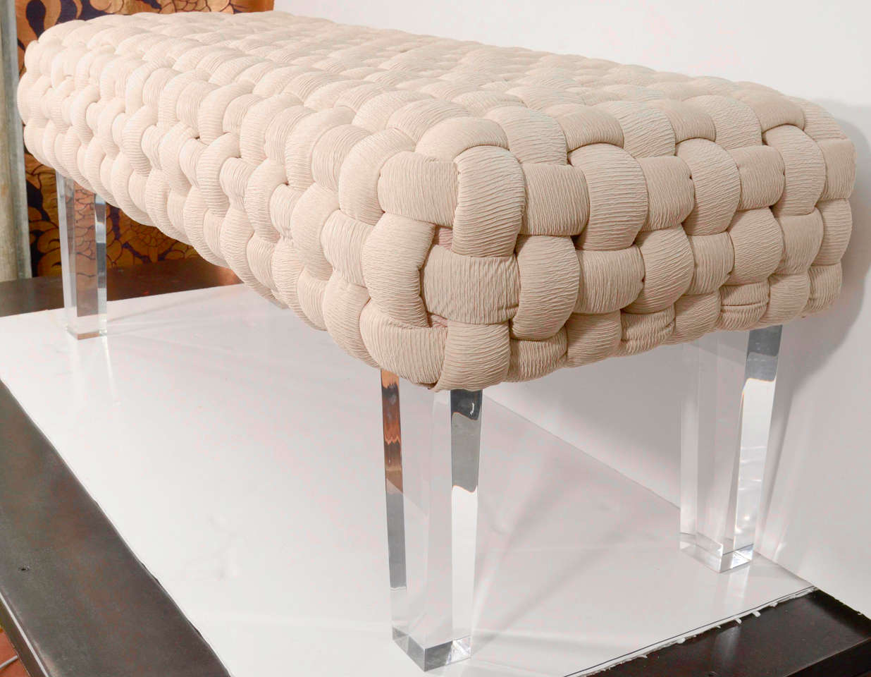 USA Basket Weave Bench with Lucite Legs For Sale at 1stDibs