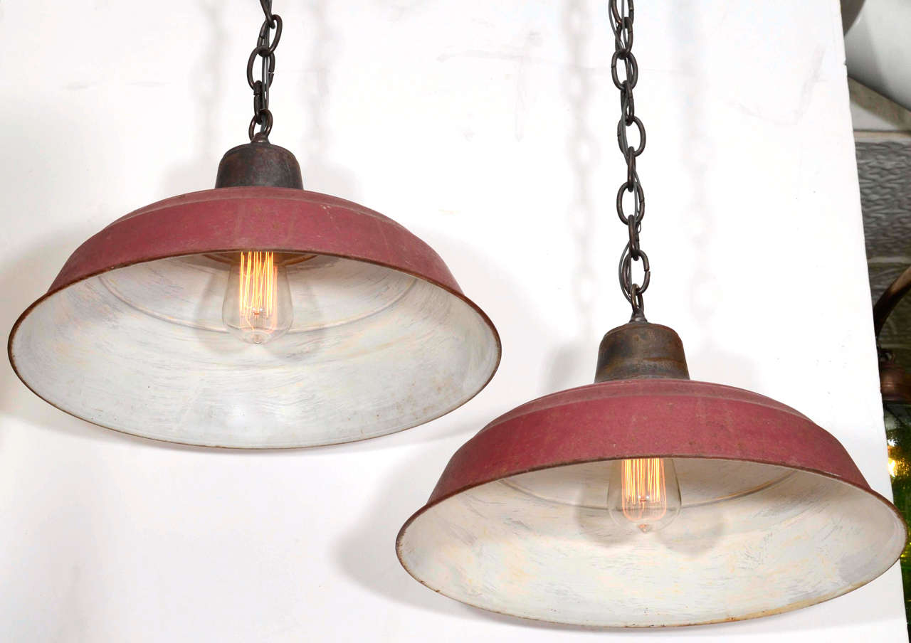 USA Pair of Antique Red Pendant Lights with red enamel metal shades at ...