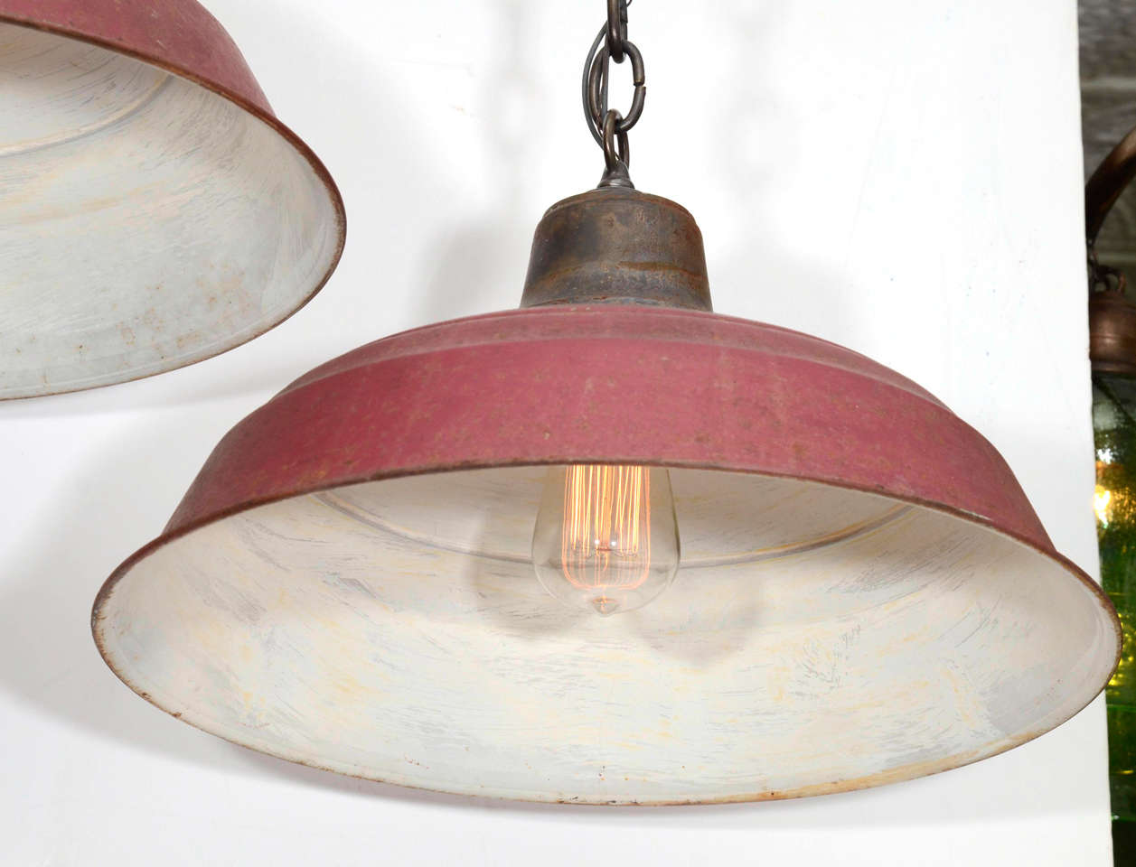USA Pair of Antique Red Pendant Lights with red enamel metal shades at ...