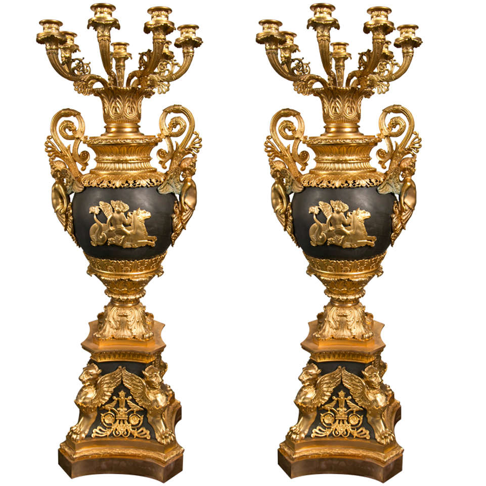 Pair 7 Light Bronze And Porcelain Candleabra For Sale at 1stDibs