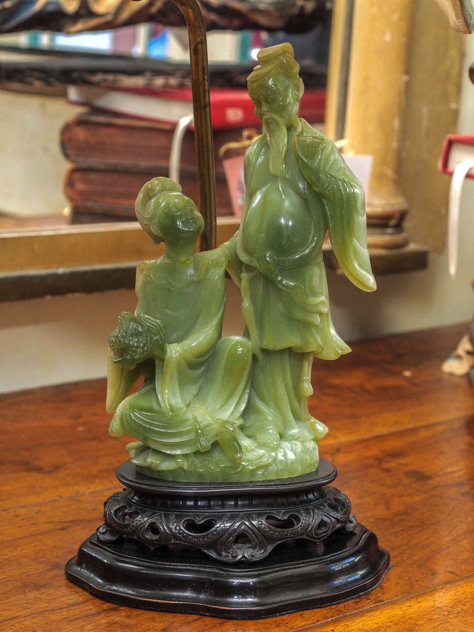 Chinese Carved Jade Figure Mounted on Carved Rosewood Base, now lamp at ...