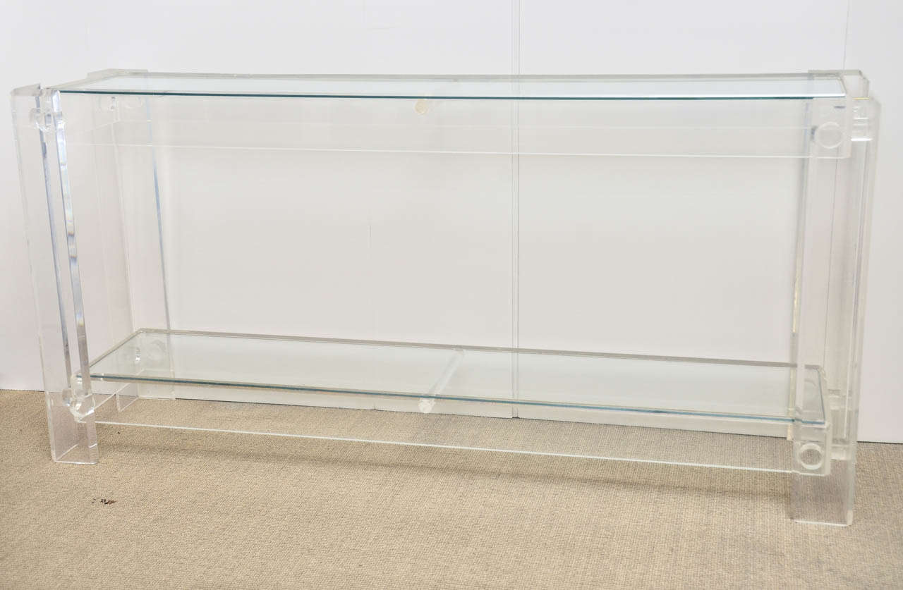 Vintage Clear Lucite Console with Glass Shelves at 1stDibs