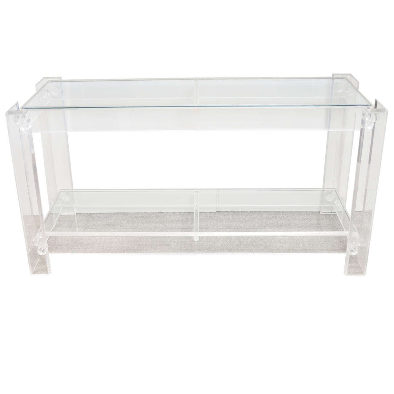 Vintage Clear Lucite Console with Glass Shelves at 1stDibs