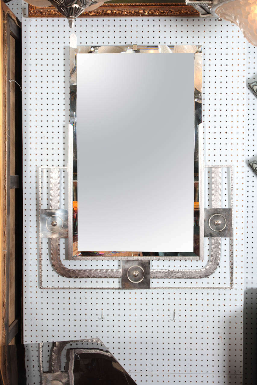 French Art Deco Nickeled Iron and Glass Disc Mirror with Beveled Inset ...