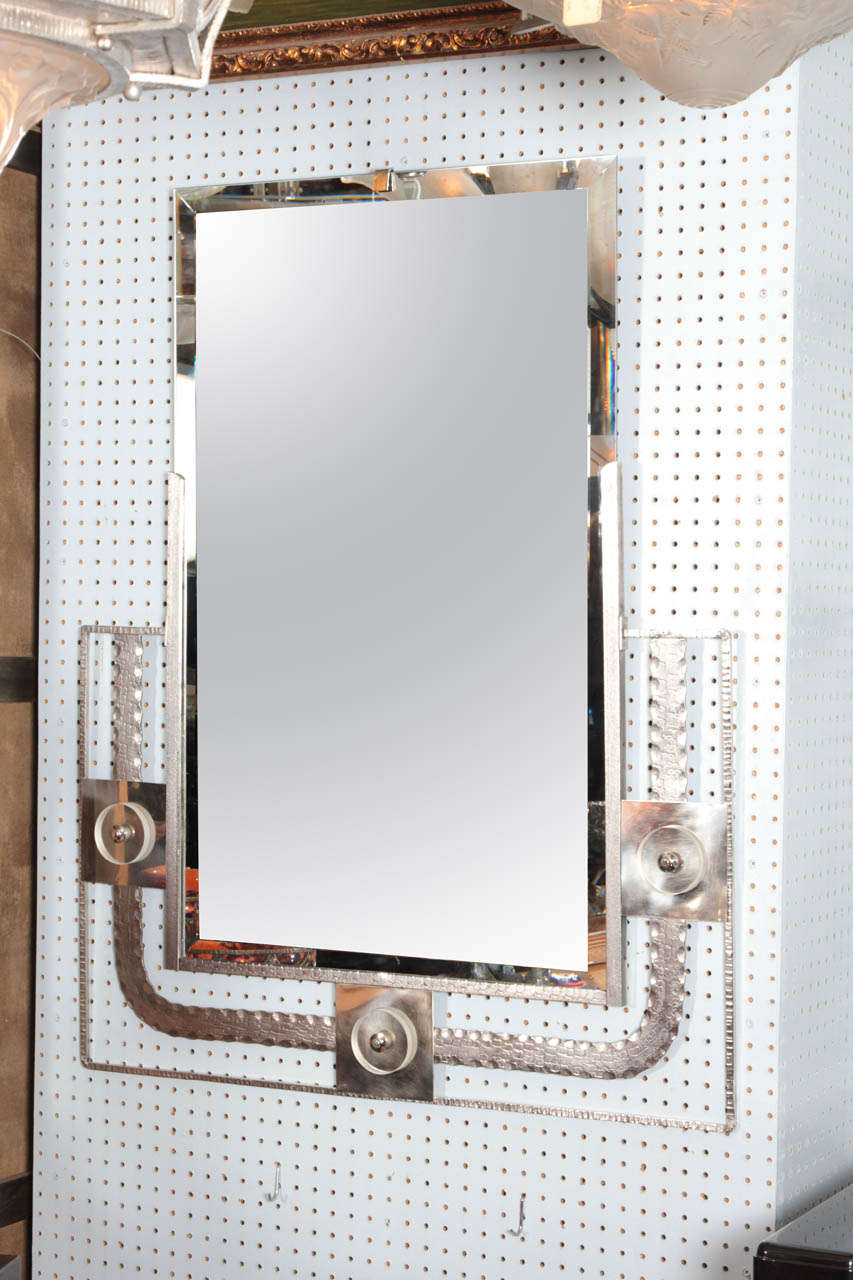 French Art Deco Nickeled Iron and Glass Disc Mirror with Beveled Inset ...