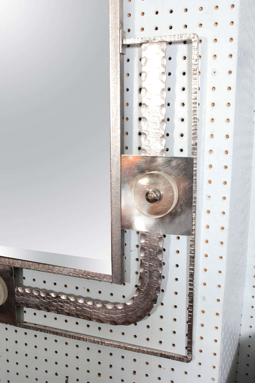 French Art Deco Nickeled Iron and Glass Disc Mirror with Beveled Inset ...