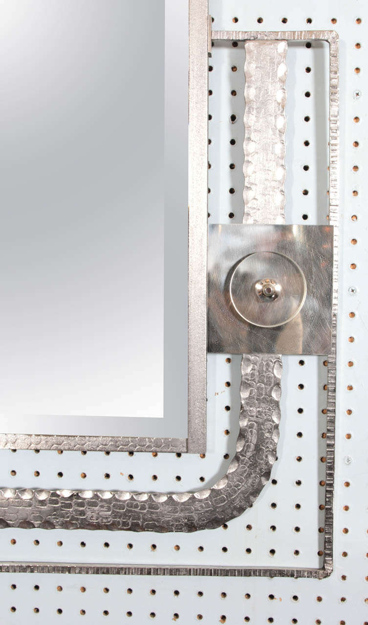 French Art Deco Nickeled Iron and Glass Disc Mirror with Beveled Inset ...