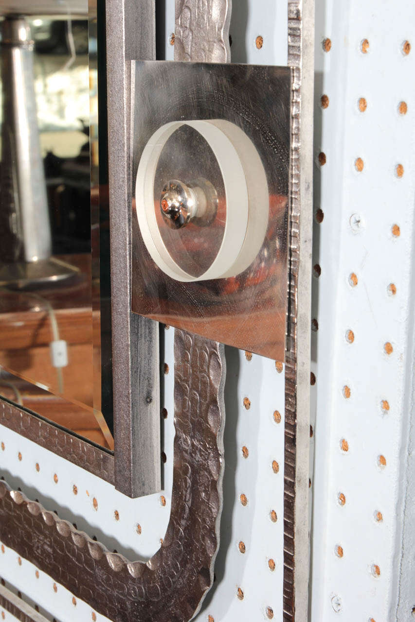 French Art Deco Nickeled Iron and Glass Disc Mirror with Beveled Inset ...