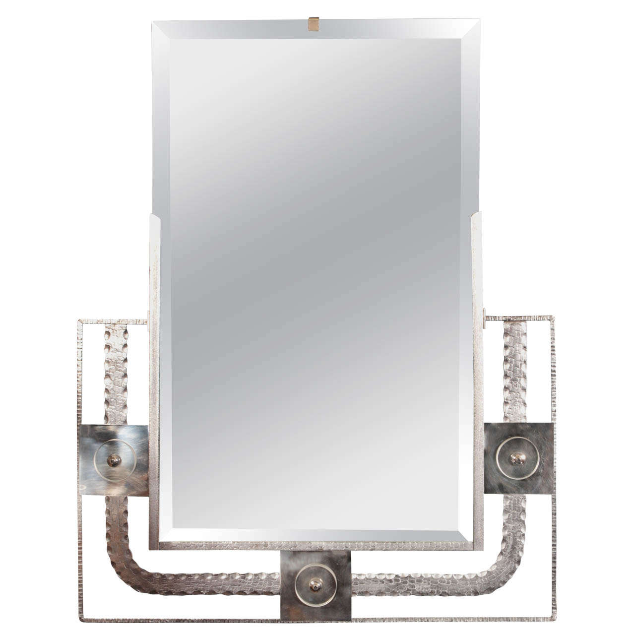 French Art Deco Nickeled Iron and Glass Disc Mirror with Beveled Inset ...