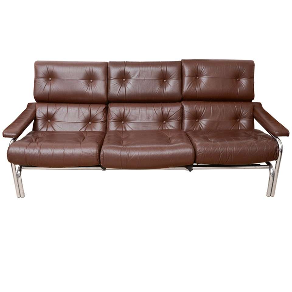 1960's Pieff Leather and Chrome Three-Seat Sofa at 1stDibs