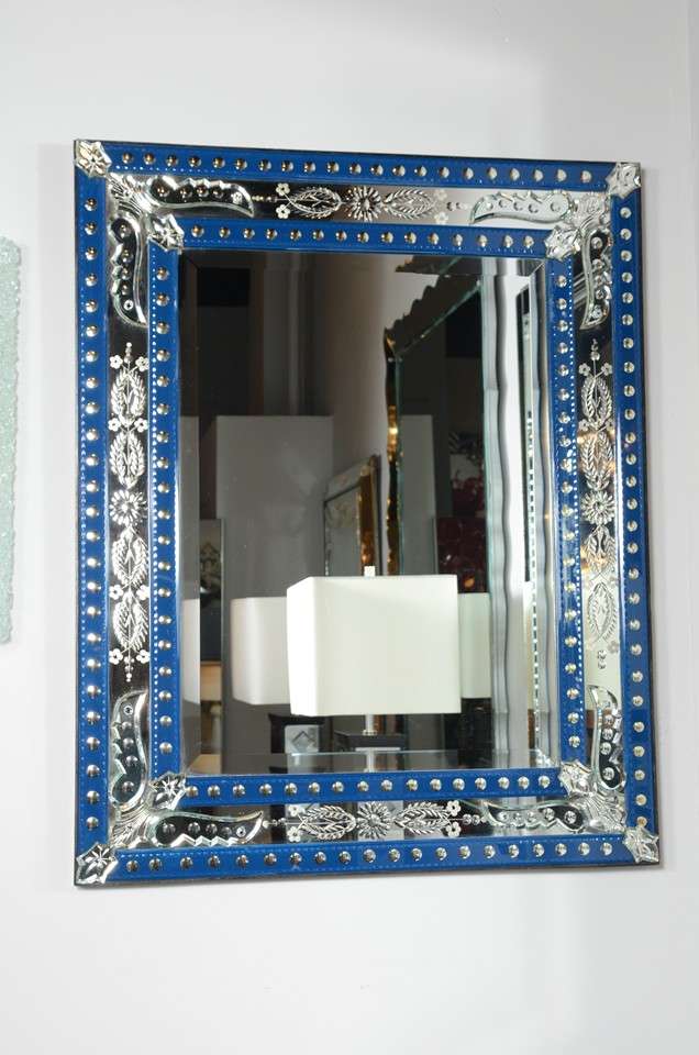 Outstanding Rectangular Venetian Mirror with Inset Blue Glass Trim at ...