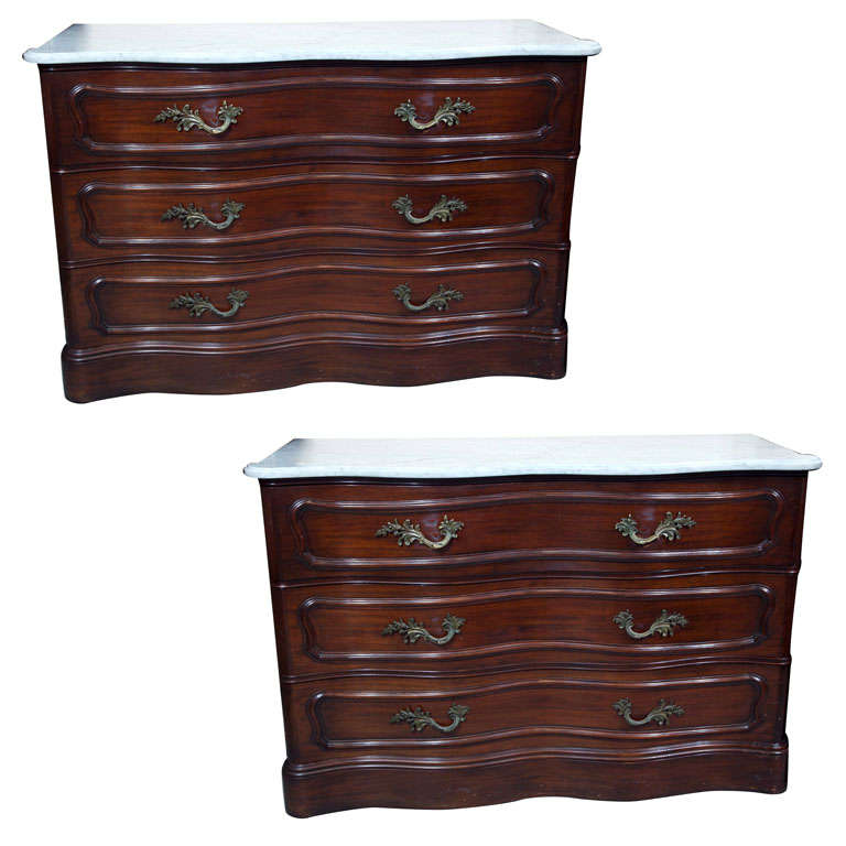 Pair of Marble Top Mahogany Three Drawer Dressers For Sale at 1stDibs