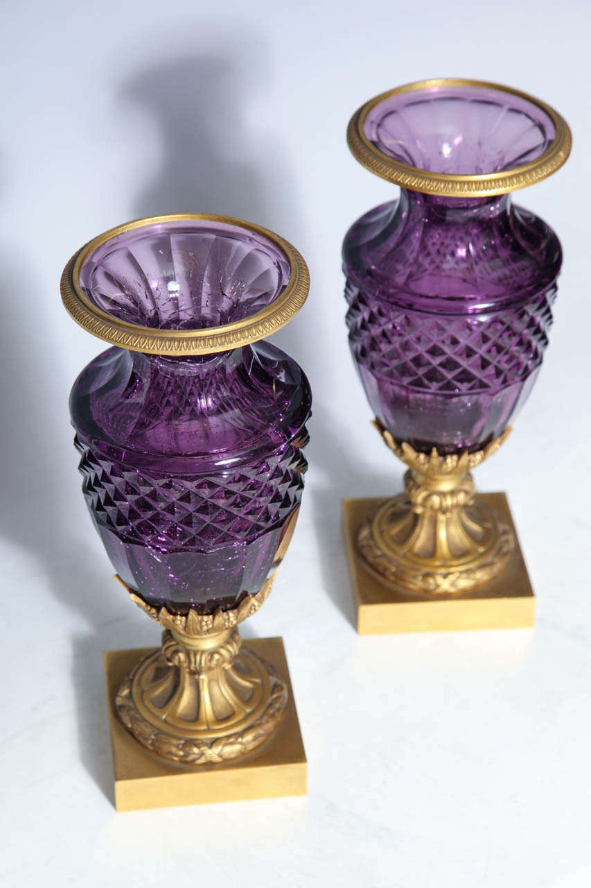 Fine Pair of Antique Russian Amethyst Cut Crystal Vases in Dore Bronze ...