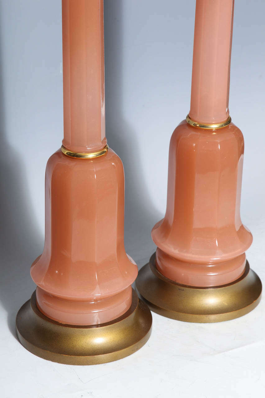 A Magnificent Pair of Antique French Salmon Color Opaline Lamps at 1stDibs