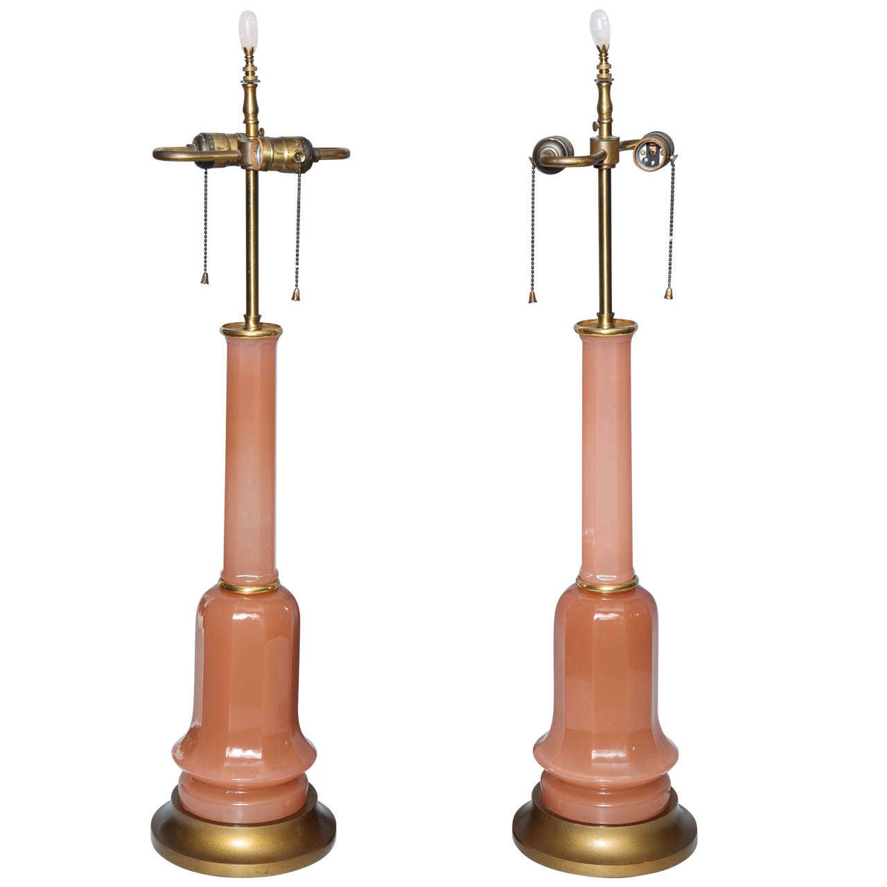 A Magnificent Pair of Antique French Salmon Color Opaline Lamps at 1stDibs