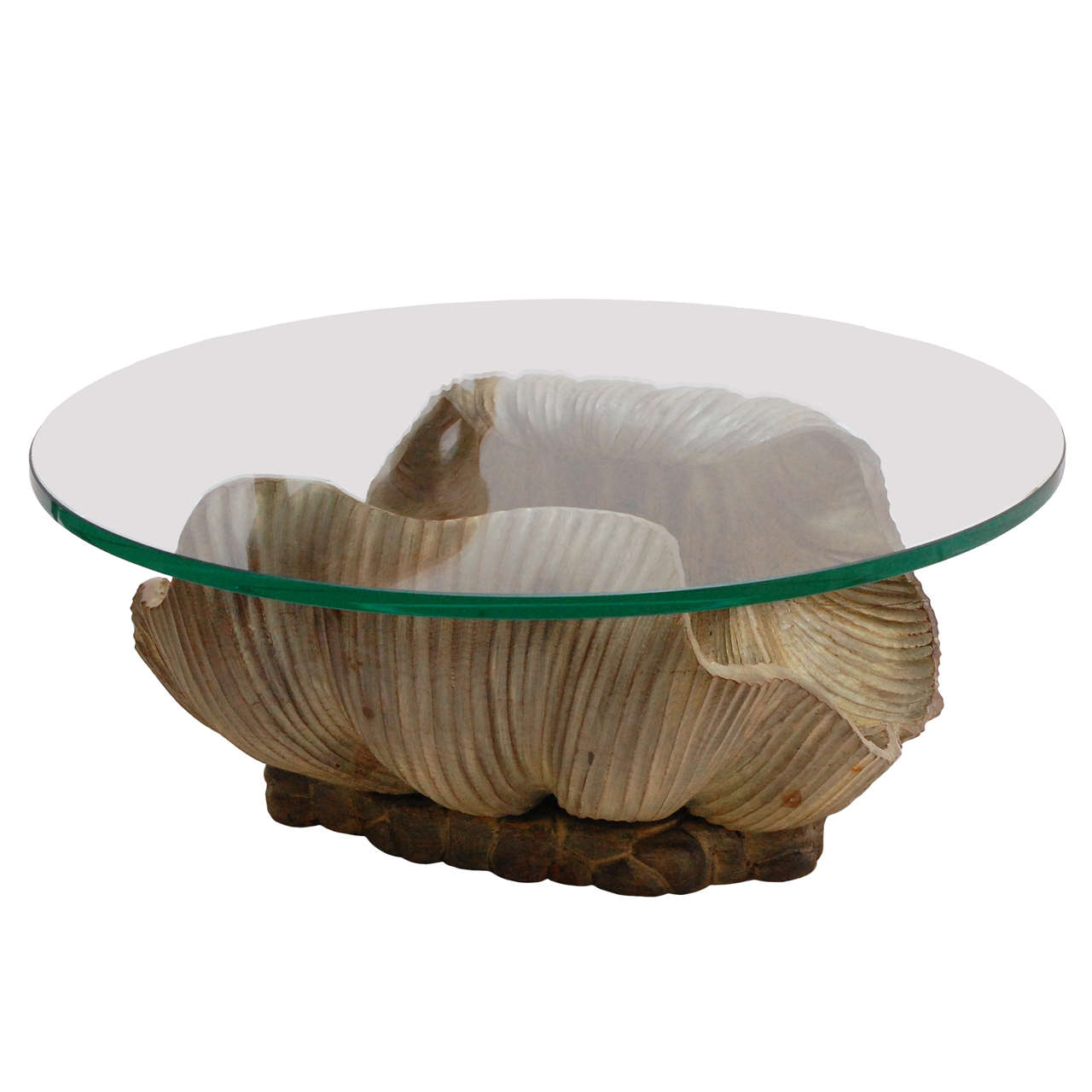 Carved Wood "Shell" Cocktail Table with Glass Top at 1stDibs