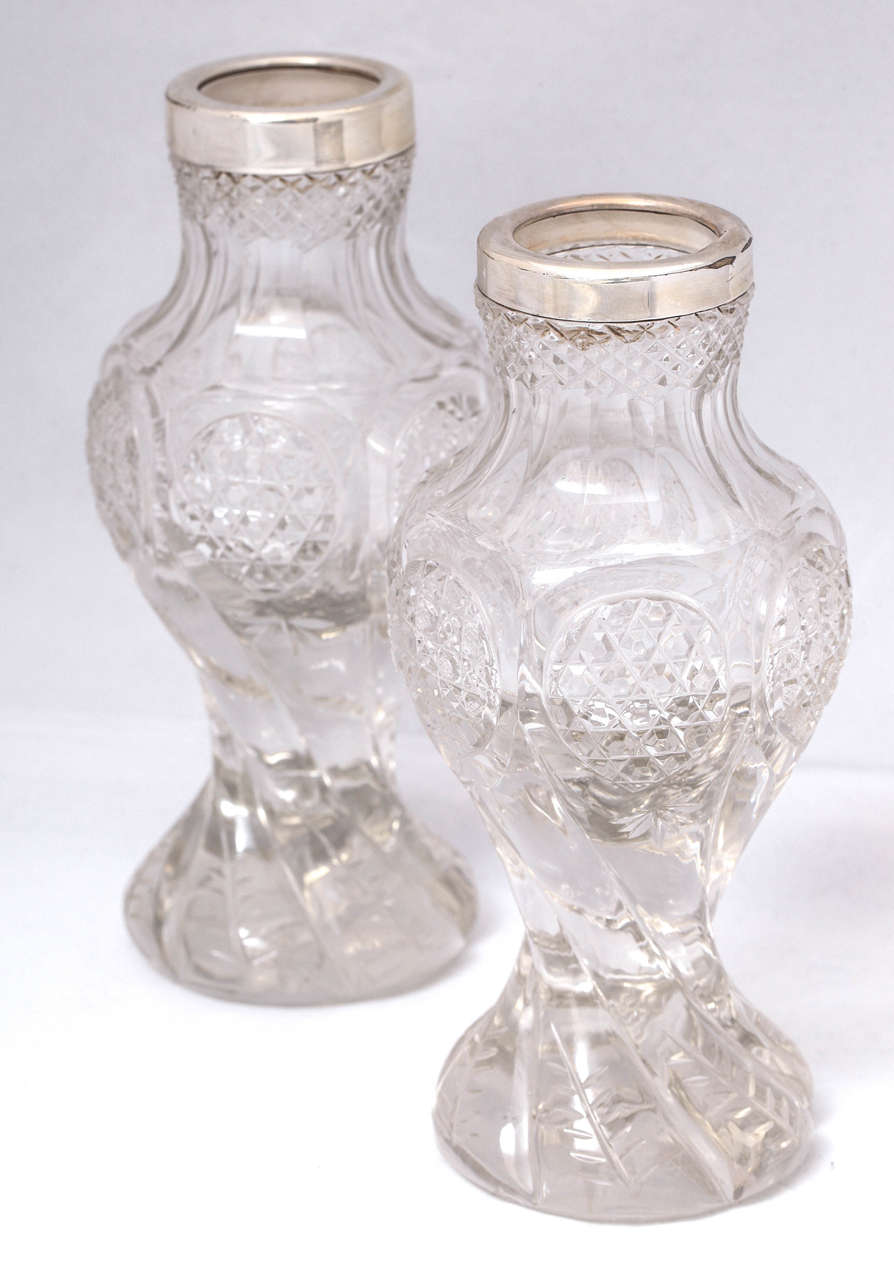 Victorian Pair of Sterling Silver-Mounted Cut Crystal Vases For Sale at ...