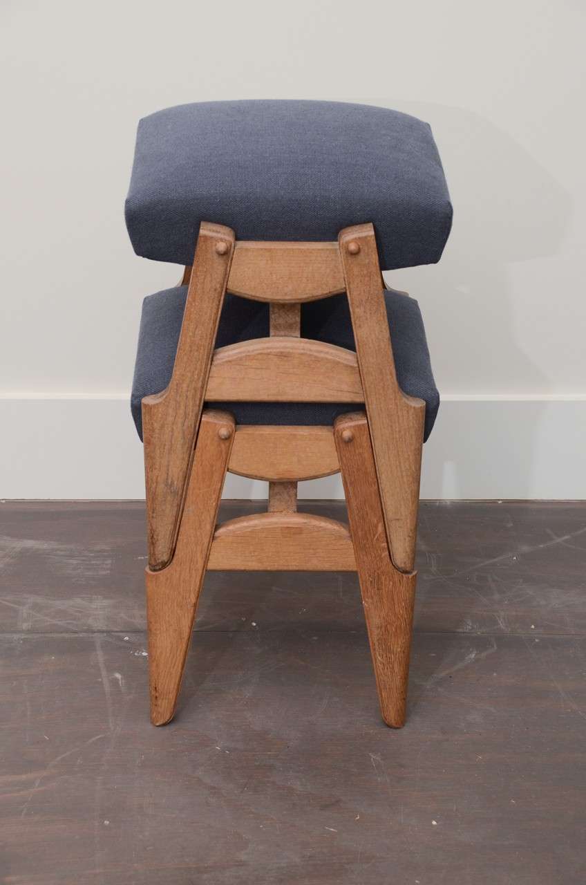 Upholstered Oak Stool in the Style of Guillerme et Chambron at 1stDibs