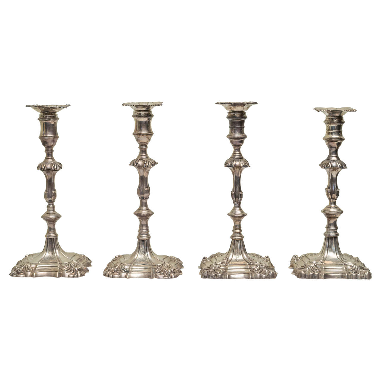 English Cast Sterling Silver Candlesticks in an Assembled Set of Four ...