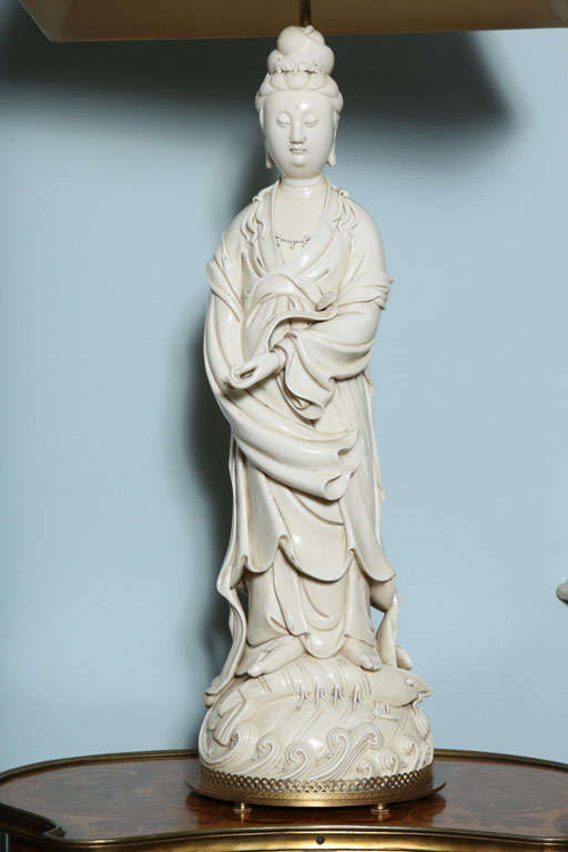 Large Pair of Blanc de Chine Kwan Yin Lamps For Sale at 1stDibs