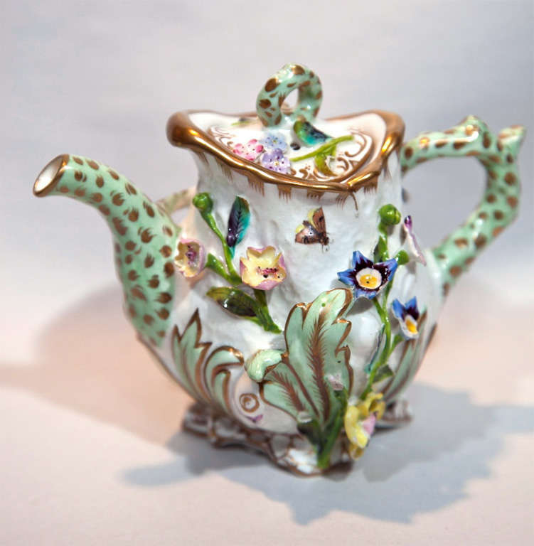 Coalbrookdale Miniature Teapot with Applied Flowers and Insects at 1stDibs