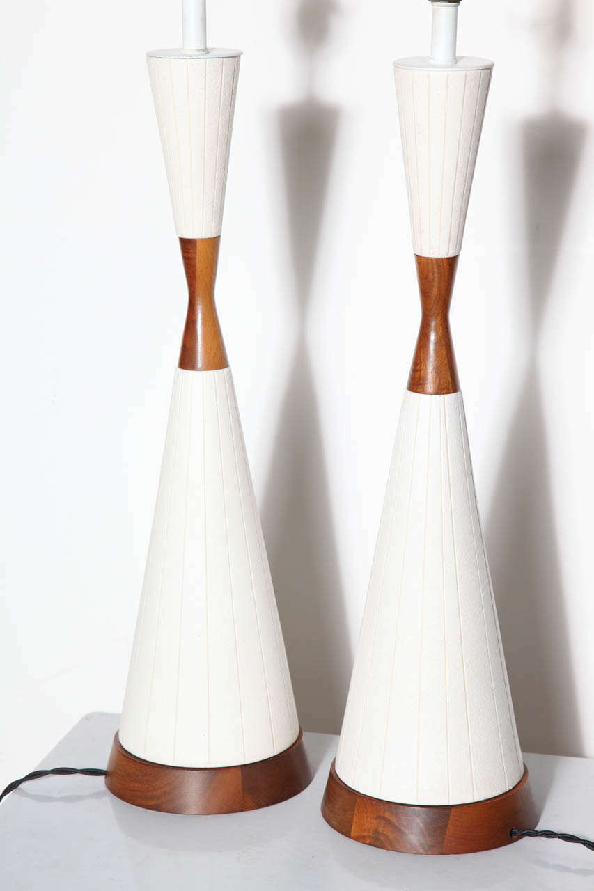 Substantial Pair White Incised Ceramic "Hourglass" Table Lamps, Circa ...