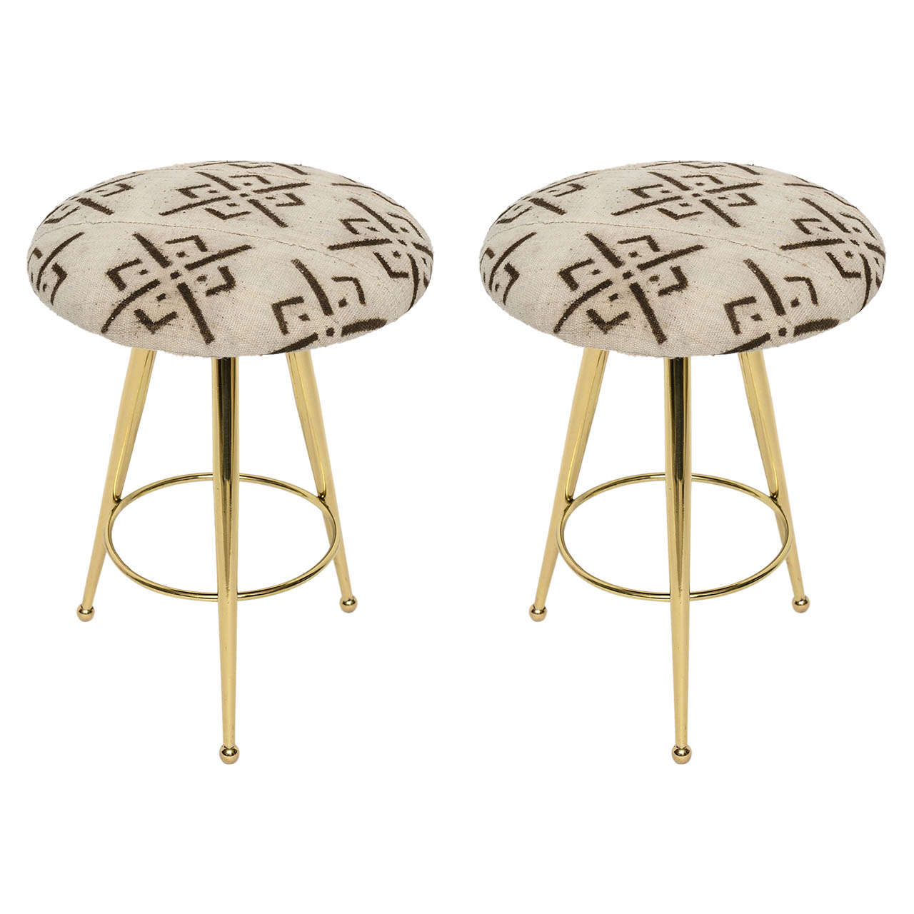 Pair of 50's Italian Brass Stools with Vintage Mud Cloth Upholstery at ...