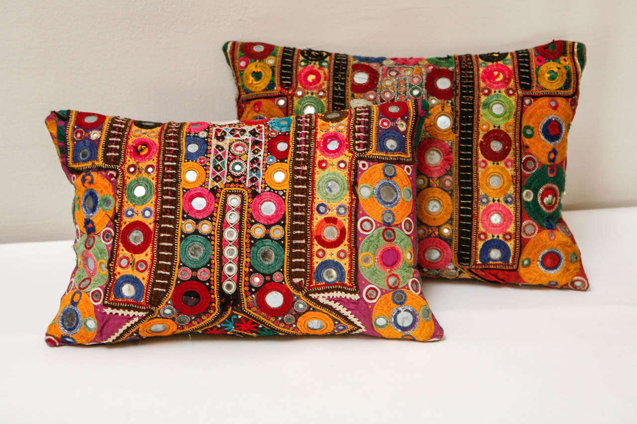 Vintage Indian Shisha Mirrorwork Pillow For Sale at 1stDibs