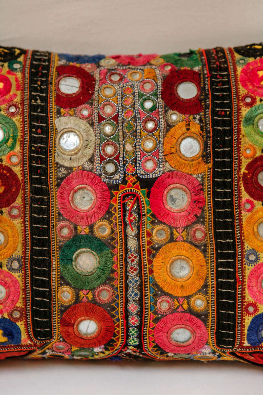 Vintage Indian Shisha Mirrorwork Pillow For Sale at 1stDibs