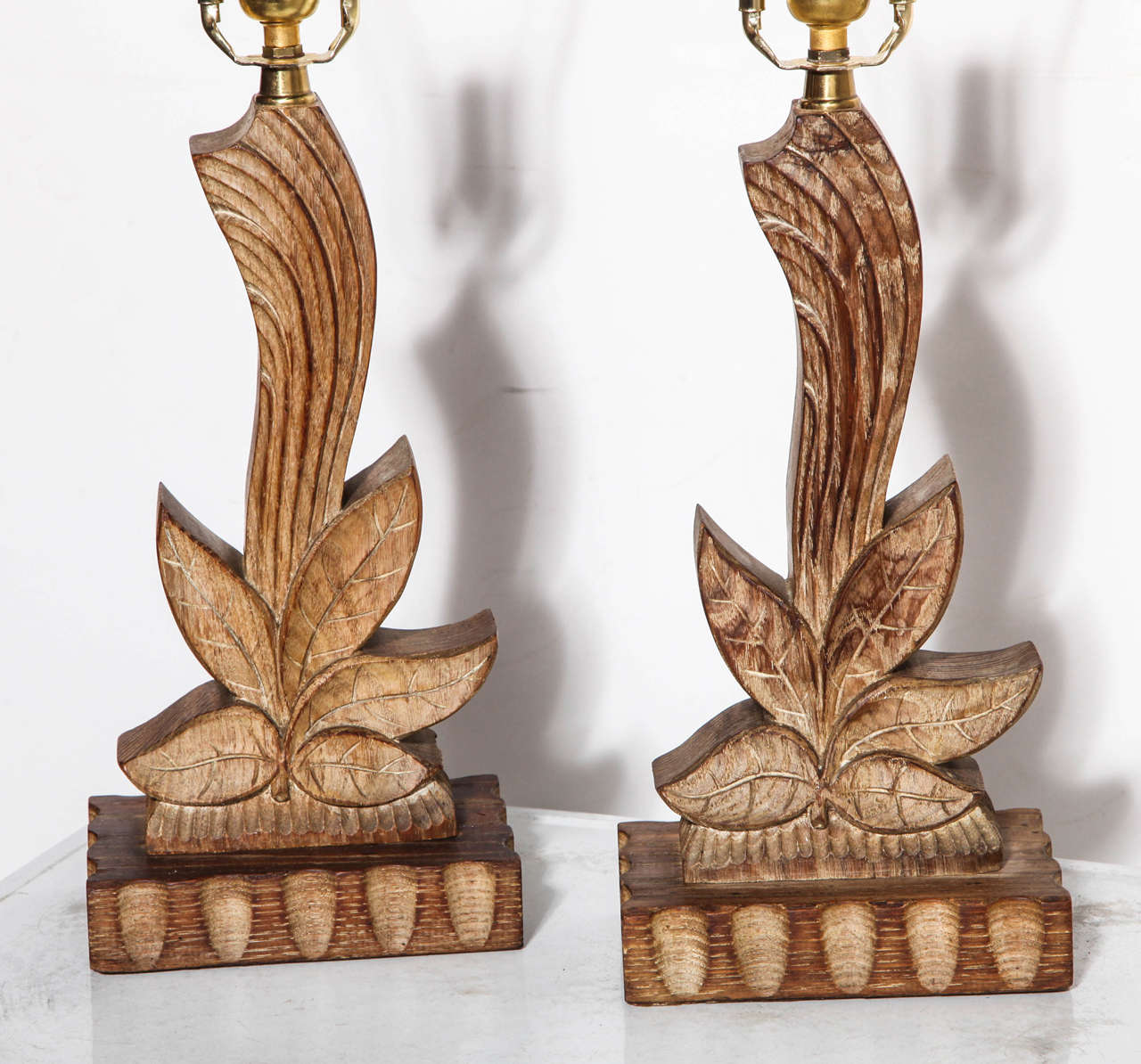 Pair of Yasha Heifetz Hand-Carved Cerused Oak Botanical Bedside Lamps ...