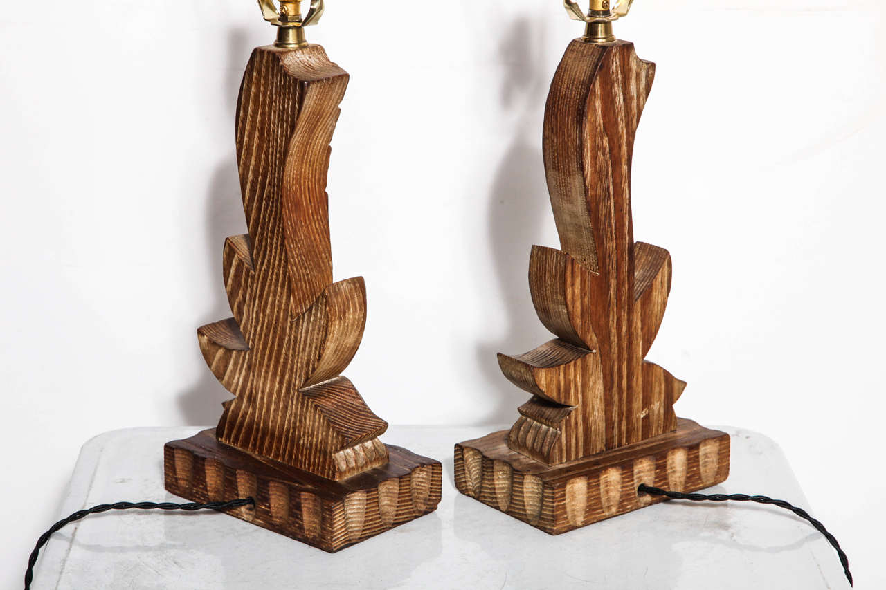 Pair of Yasha Heifetz Hand-Carved Cerused Oak Botanical Bedside Lamps ...