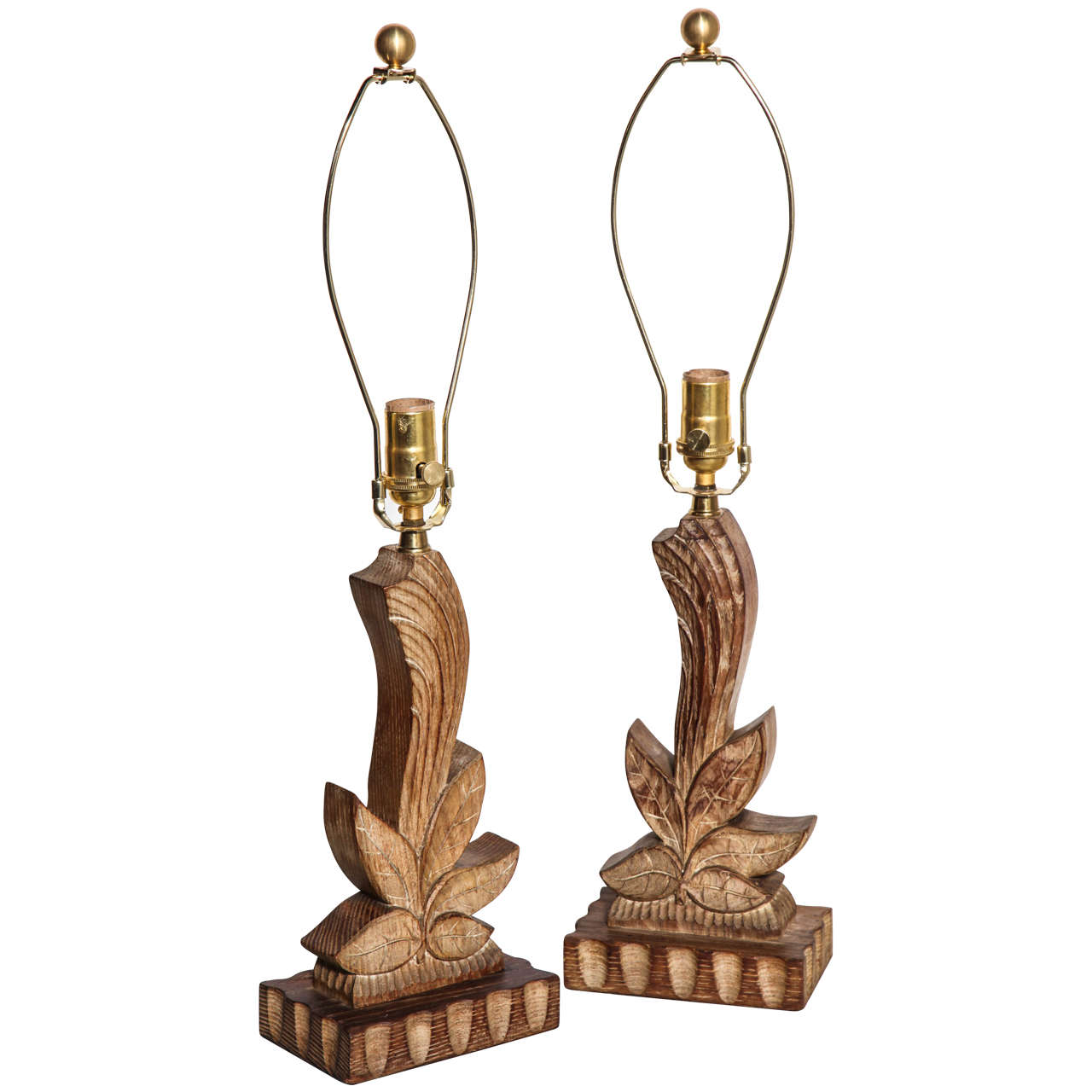 Pair of Yasha Heifetz Hand-Carved Cerused Oak Botanical Bedside Lamps ...