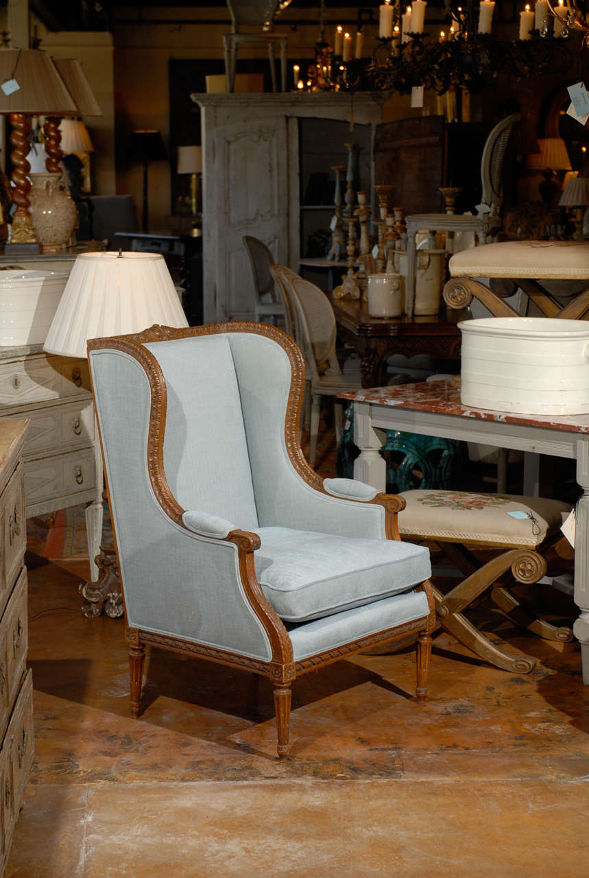 French Walnut Louis XVI style Wingback Bergère Chair with Light Blue ...